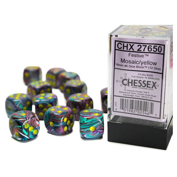 d6 Cube 16mm Festive Mosaic with Yellow | VGMX